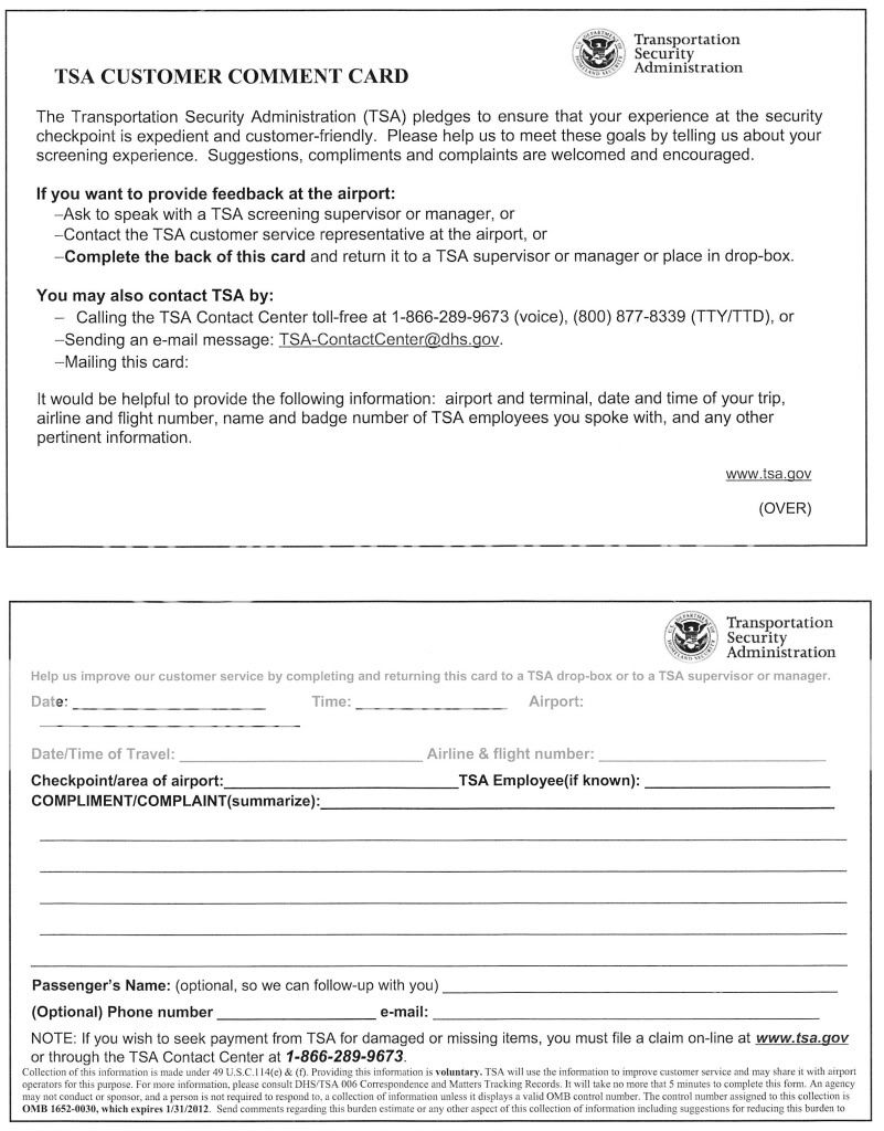TSA Compliment/Complaint Card - FlyerTalk Forums